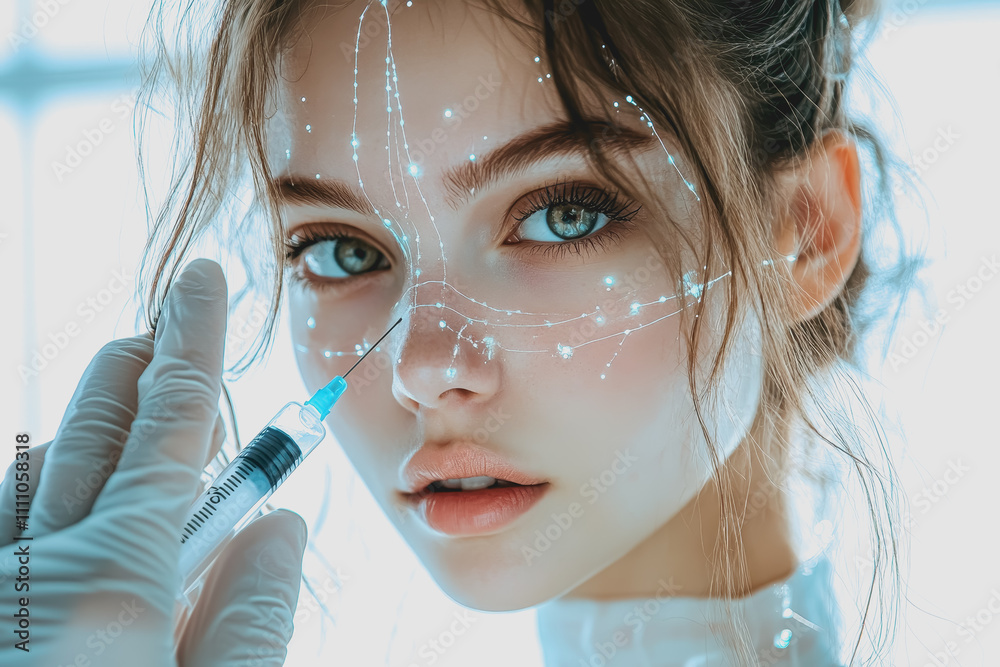 Young woman receiving cosmetic injection with glowing facial analysis ...