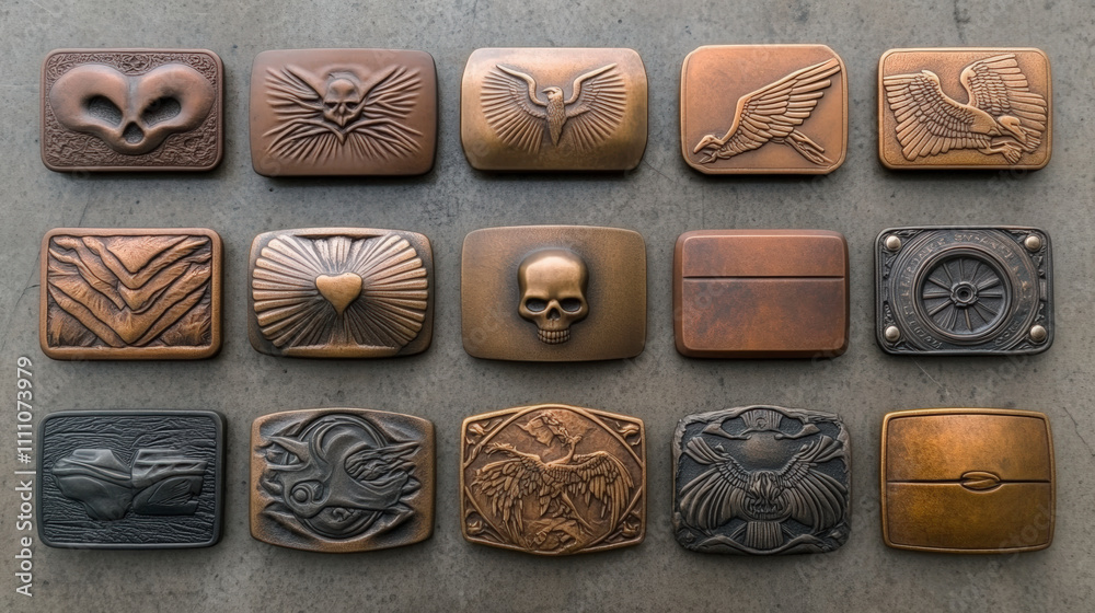 A collection of 15 intricately designed bronze belt buckles, featuring ...