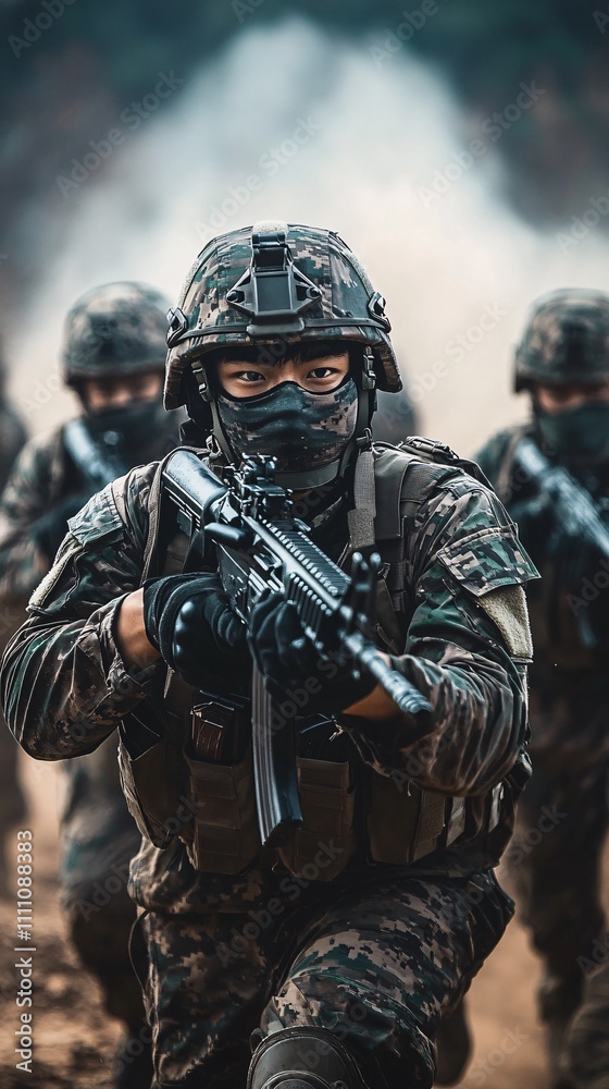 some asian soldiers in full combat gear, performing intense military ...