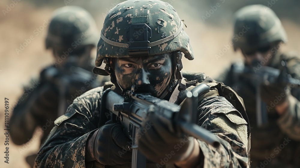 some asian soldiers in full combat gear, performing intense military training exercises in a ...