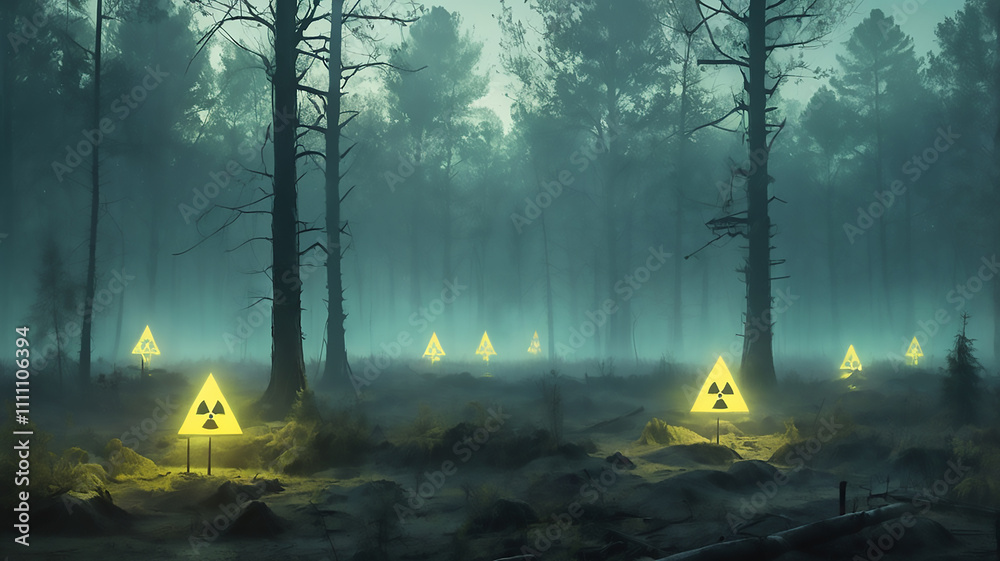 A hazy forest with radiation signs and glowing mist, portraying the ...