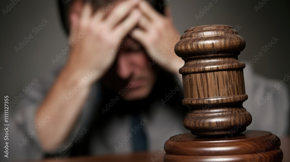A courtroom gavel in focus, with a distressed man holding his head in ...