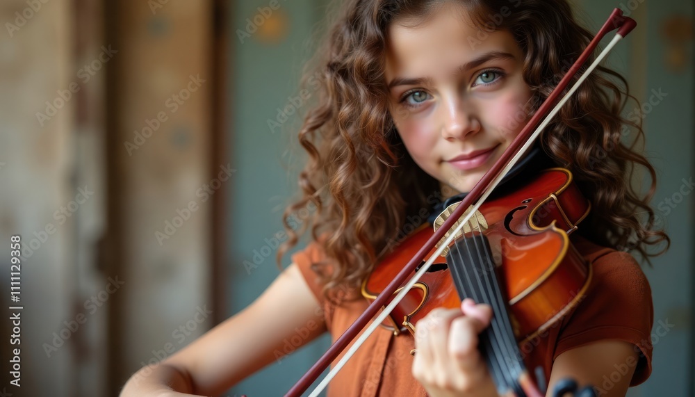 Young girl plays violin. Focused expression. Music practice performance ...