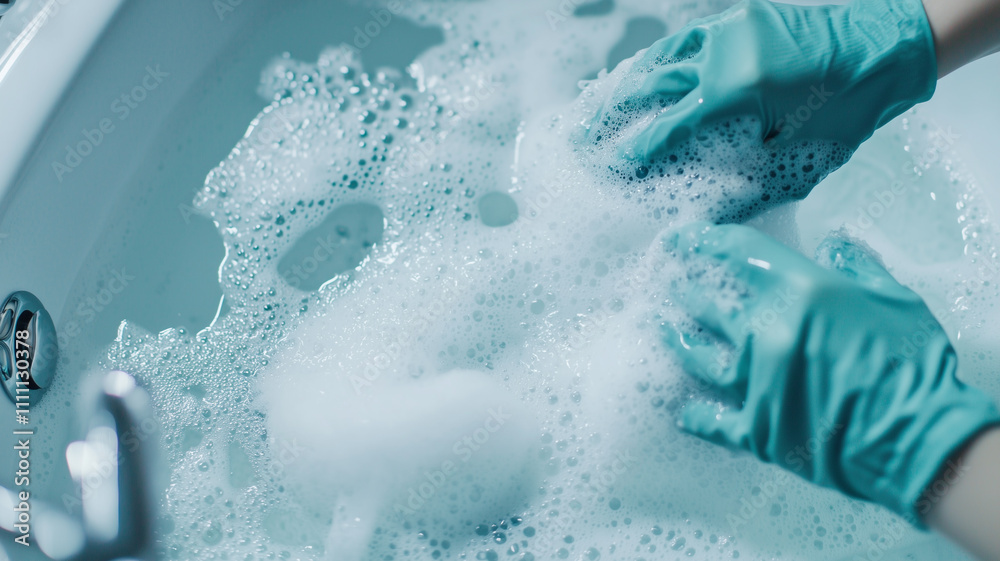 Hands in gloves scrubbing bathtub, creating foamy surface with soap ...