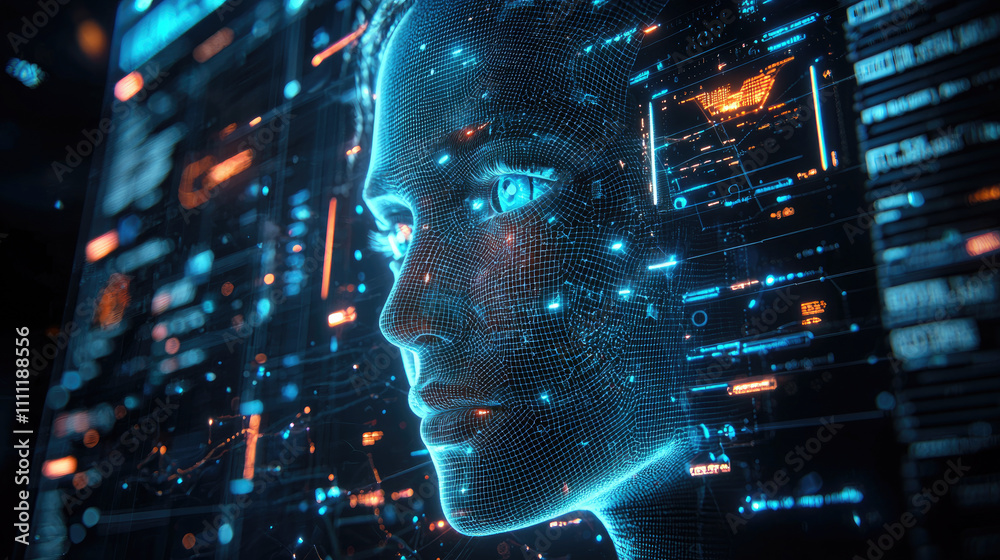 Human face with biometric data, facial recognition technology, digital AI person on computer ...