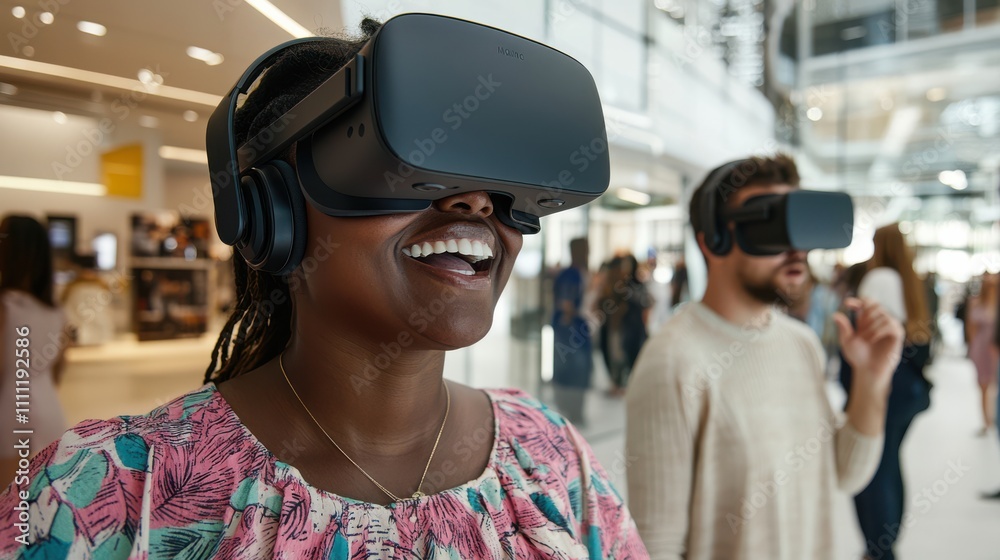 Two people experience virtual reality with headsets, immersed in ...