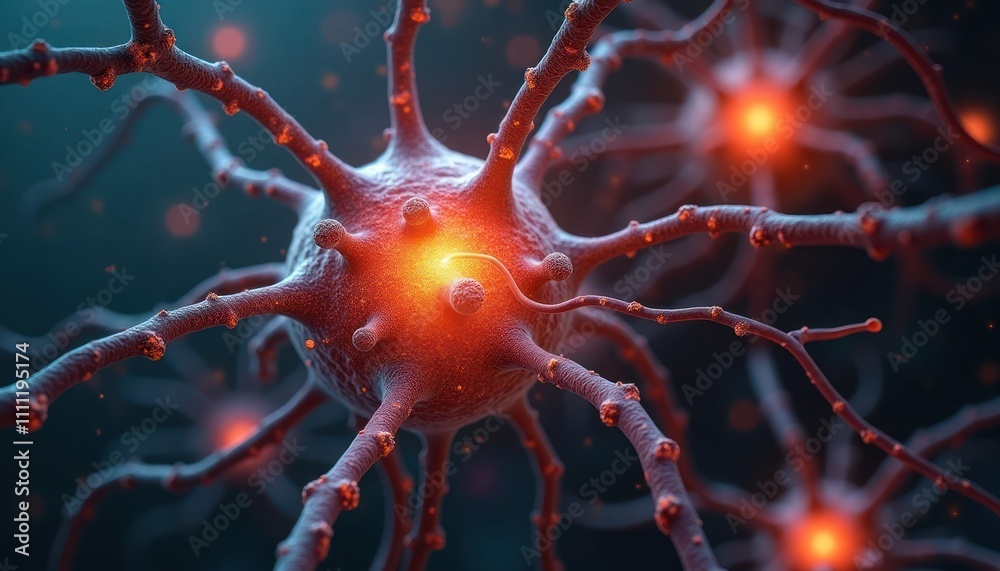 Microscopic view of nerve cells sending electrical signals. Neuron cells network shows intense ...