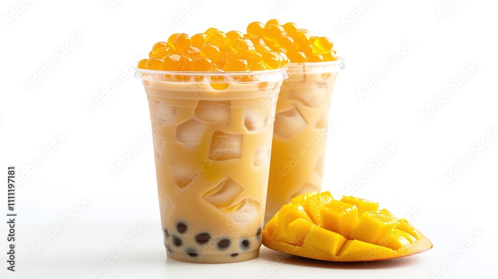 Two cups of mango bubble tea with tapioca pearls and popping boba ...