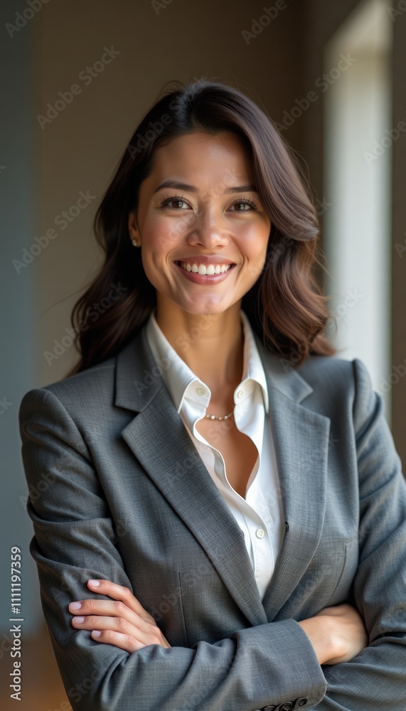 Confident woman in business attire smiles directly at camera. Business ...
