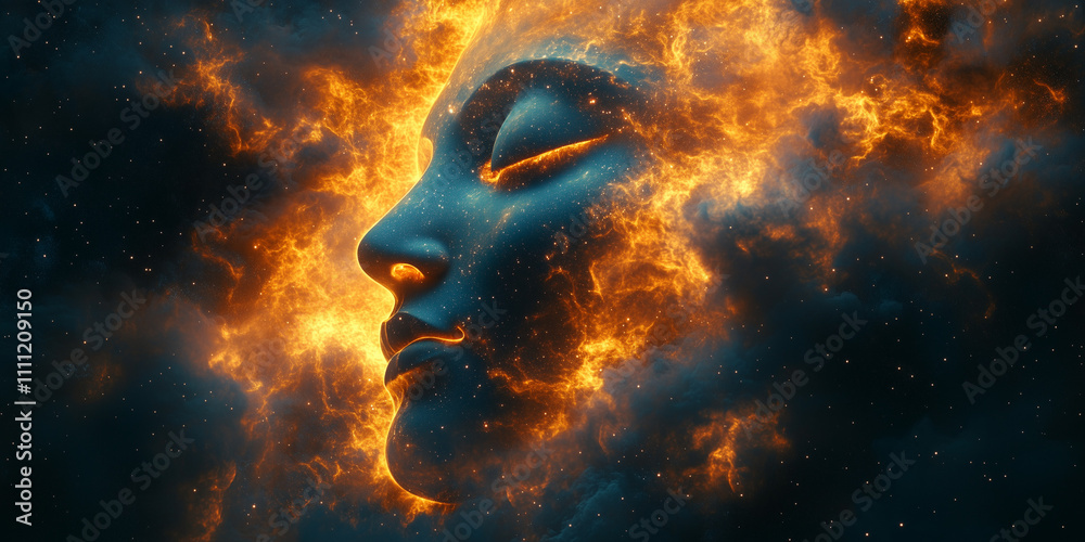 Face with cosmic fire and nebula A mystical face emerging from glowing ...