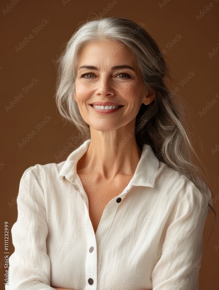 Stock-Foto „Attractive positive wrinkled fifty years old woman looks ...
