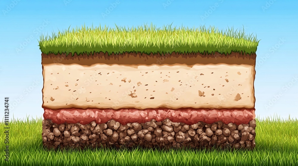 Layers of soil and grass depicted in a cross-section showing earth ...