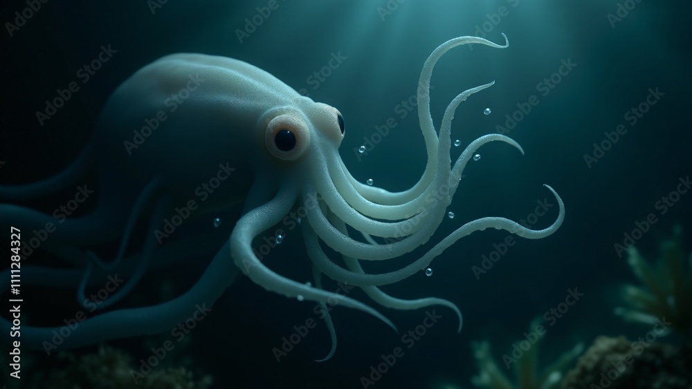 A squid hunting in the deep sea, using its tentacles and jet propulsion ...