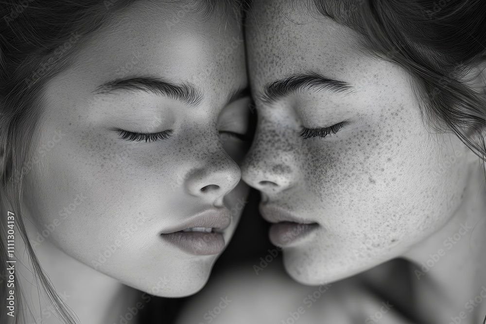 Intimate moment shared between two teenage girls with closed eyes in a ...