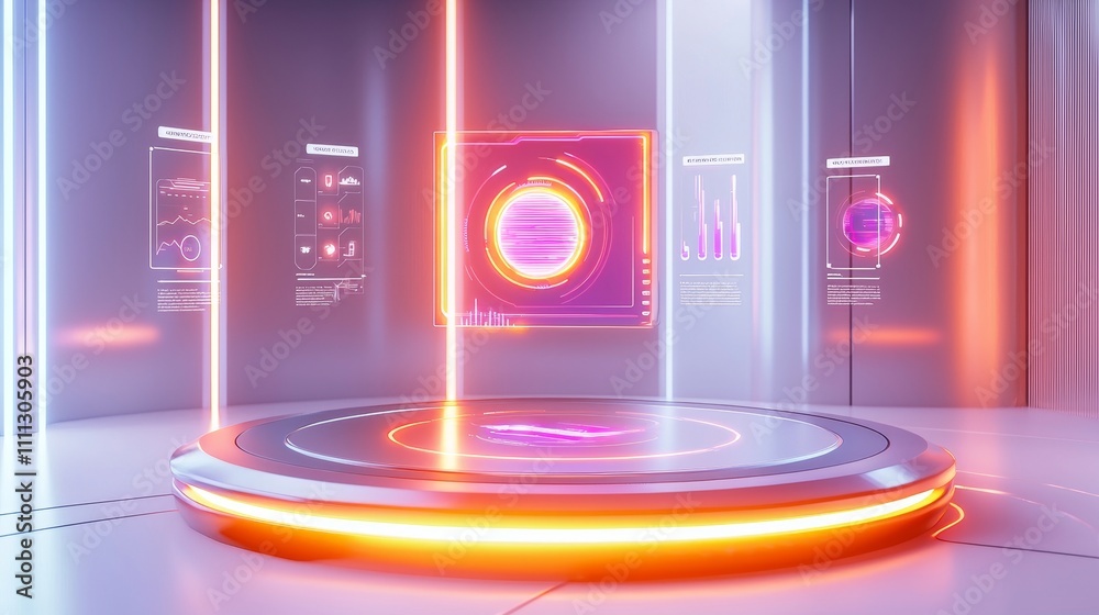Modern tech product launch display with sleek 3D visuals, soft lighting ...