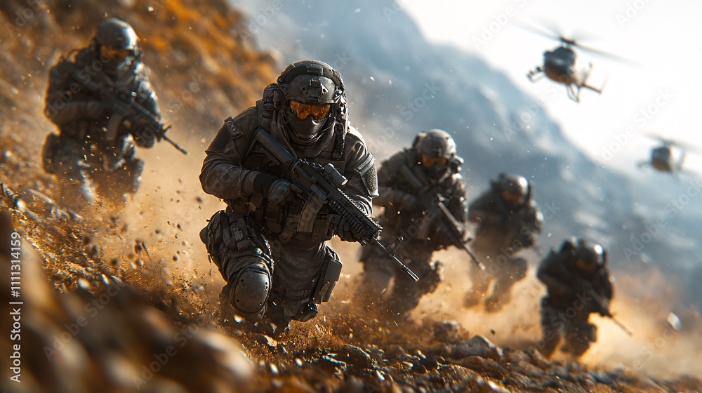 A group of male and female soldiers in black tactical gear, armed with ...