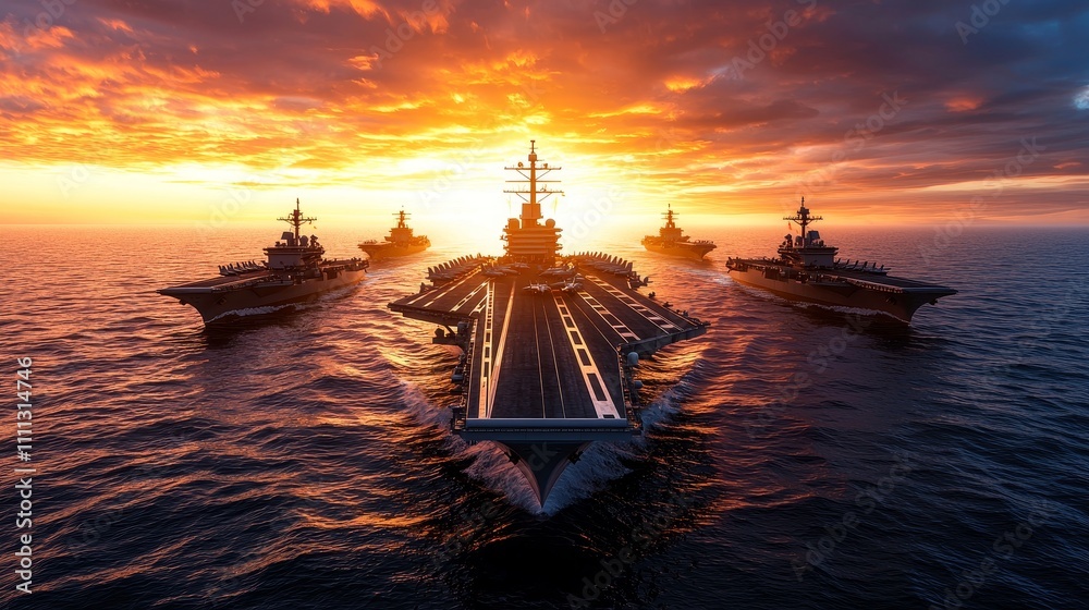 Carrier strike group navigating Pacific waters, close-up of lead ...
