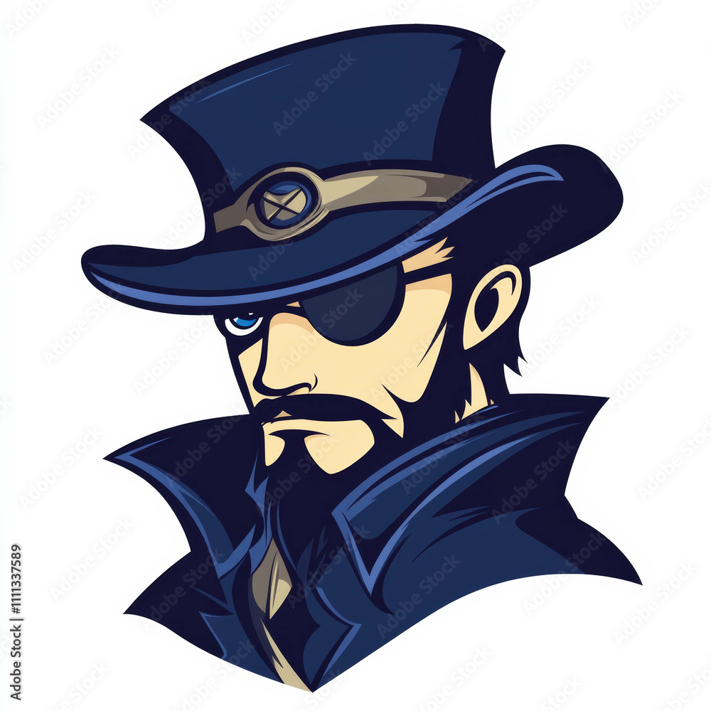 A vector logo of a man with an eye patch, goatee, and top hat, wearing ...