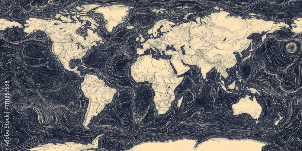 Artistic Hand Drawn World Map Ocean Currents Topography Global ...