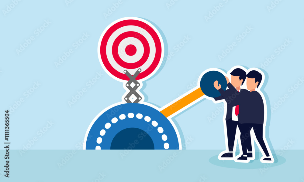 Two businessmen work together pulling a lever that moves a target board ...