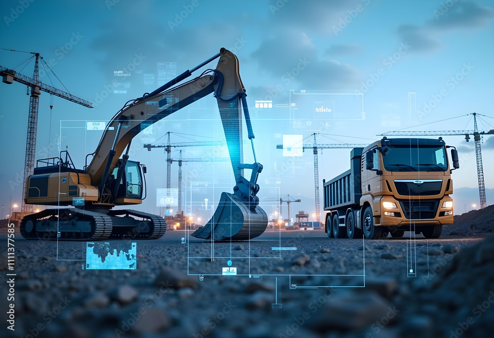 Construction site with excavator and truck, showcasing modern machinery ...