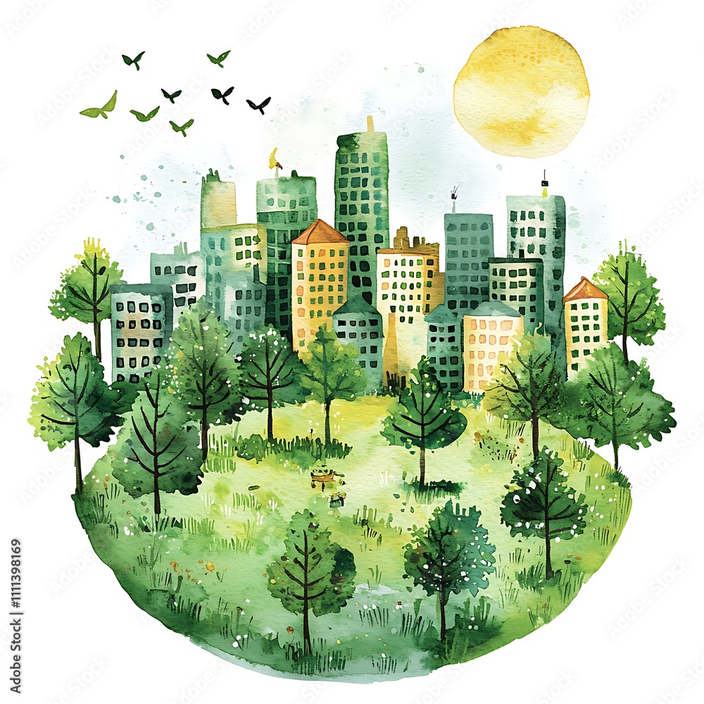 Watercolor painting of a city nestled in a green park, illustrating ...