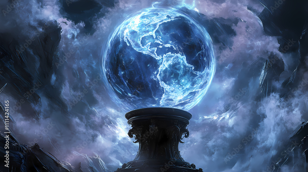 Enigmatic giant crystal ball on ornate stand surrounded by swirling ...