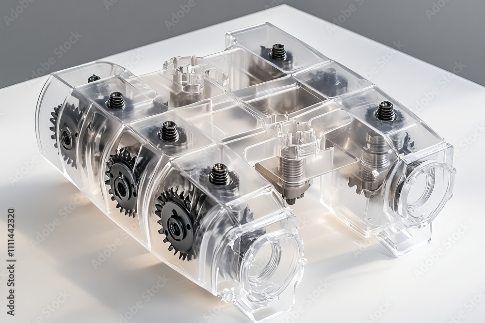 Transparent mechanical component showcasing intricate gears ...