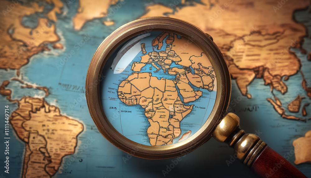 An old magnifying glass with a world map focused on one of the ...