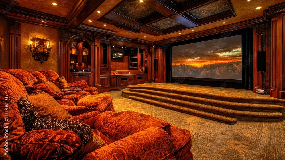 Luxurious home theater featuring plush seating and a large screen for ...