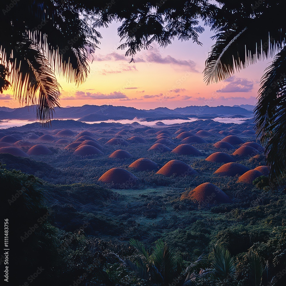 Chocolate Hills Bohol Philippines at Sunset, Palm Trees Silhouette ...