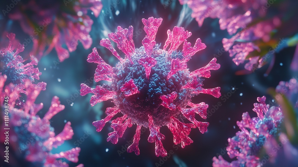 Produce a frontal view image of a magnified Influenza Flu, virus ...