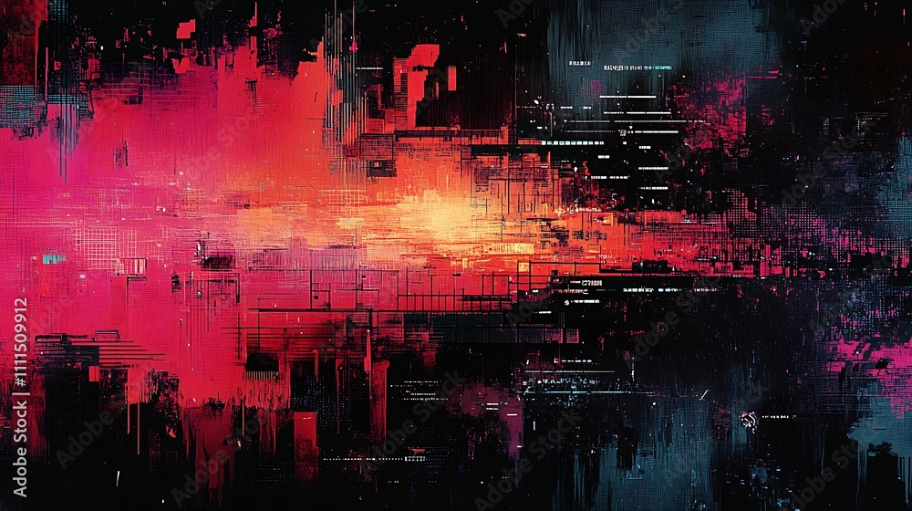 A futuristic glitch-themed interface featuring fragmented data streams, pulsating neon ...