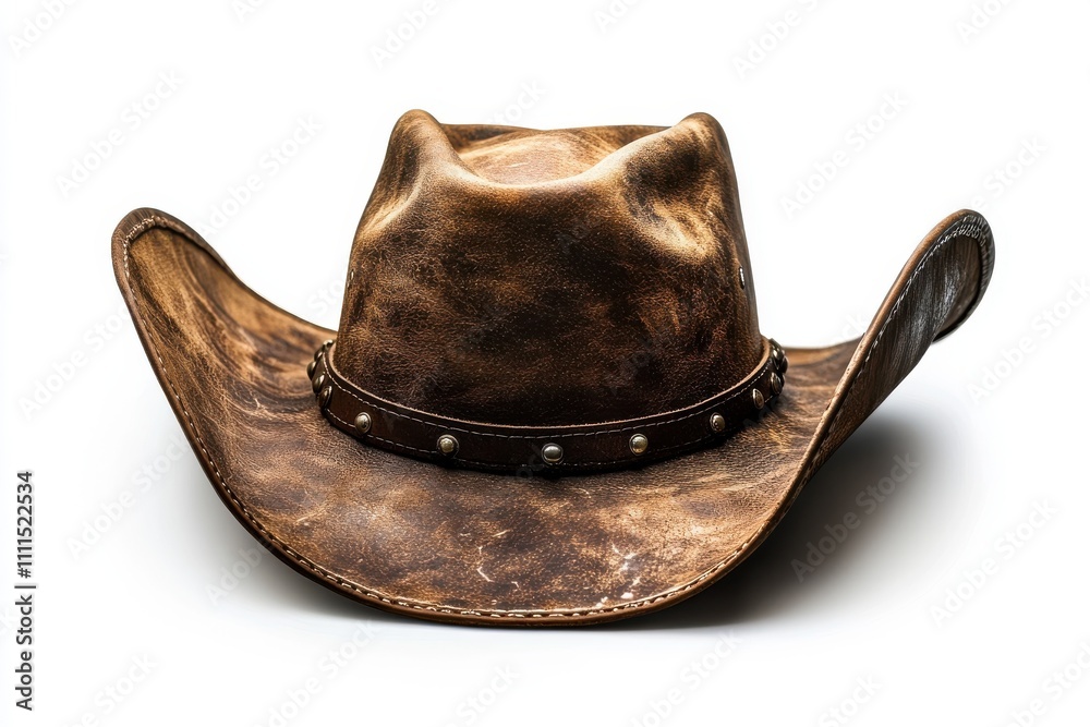 cowboy hat brown leather wide brim western style studded band curved ...