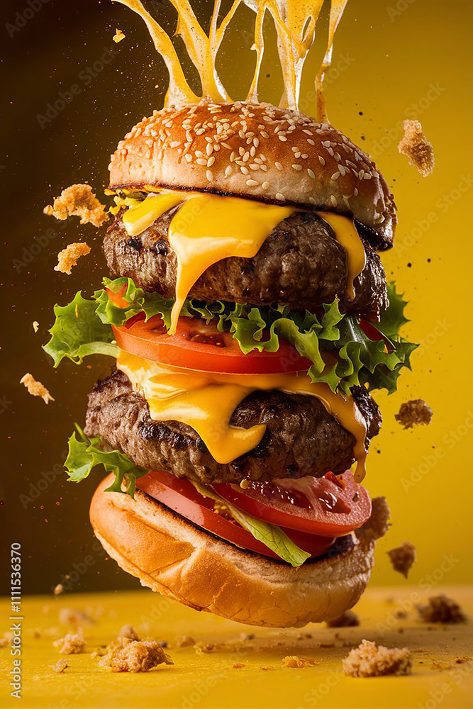 Exploding juicy cheeseburger with sesame seed bun melting cheese crisp ...