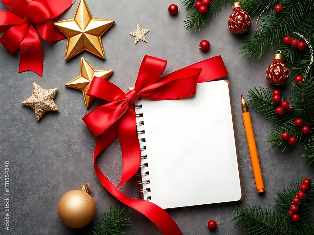 Festive Christmas Notebook Mockup: Blank Spiral Journal with Red Bow ...