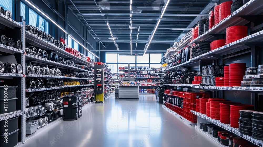 Well-organized auto parts store interior. Shows variety of parts, ideal ...