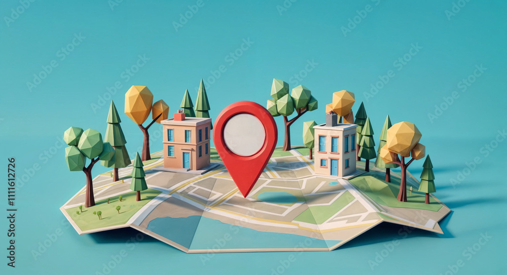 3d positioning icon on map in low poly map style . Generative AI Stock ...