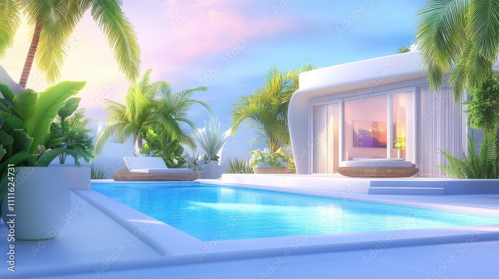 Sophisticated villa garden with a swimming pool and expansive veranda ...