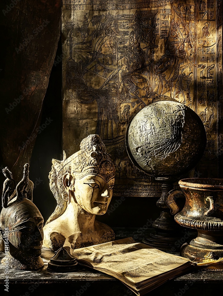 An enchanting display of ancient artifacts—sculptures, scrolls, and ...