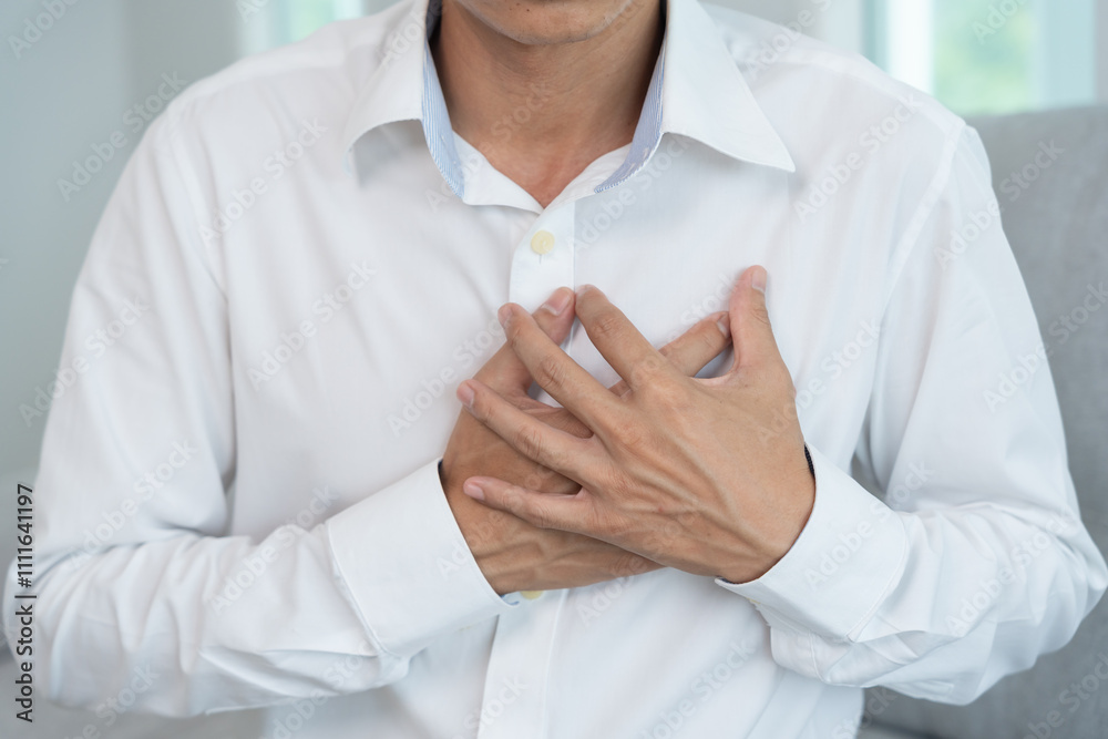 hand hold chest with heart attack symptoms, asian man have chest pain ...