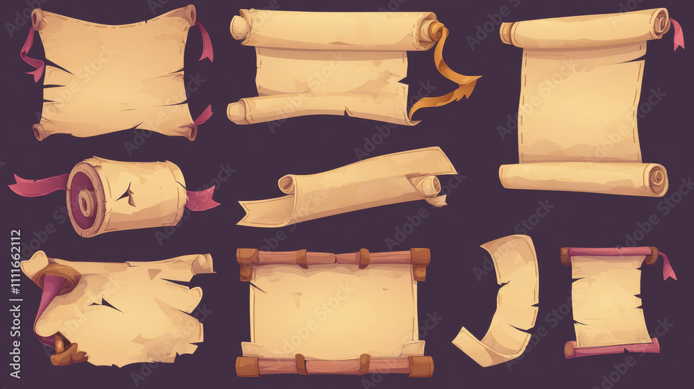 Parchment scroll and long ribbon with empty space for text. Magic game ui icons and assets of ...