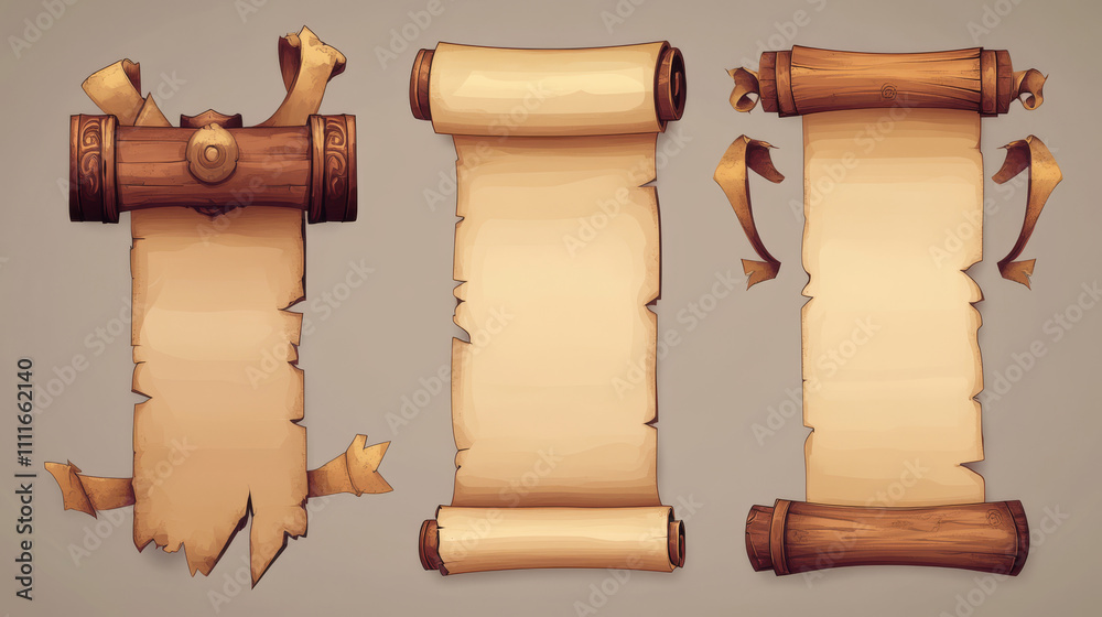 Stock-Illustration „Parchment scroll and long ribbon with empty space for text. Magic game ui ...