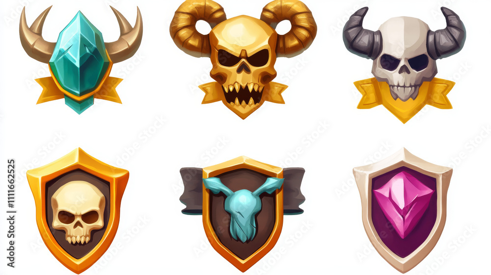 Win ui game icon, victory cartoon button design. Gold banner badge with ...