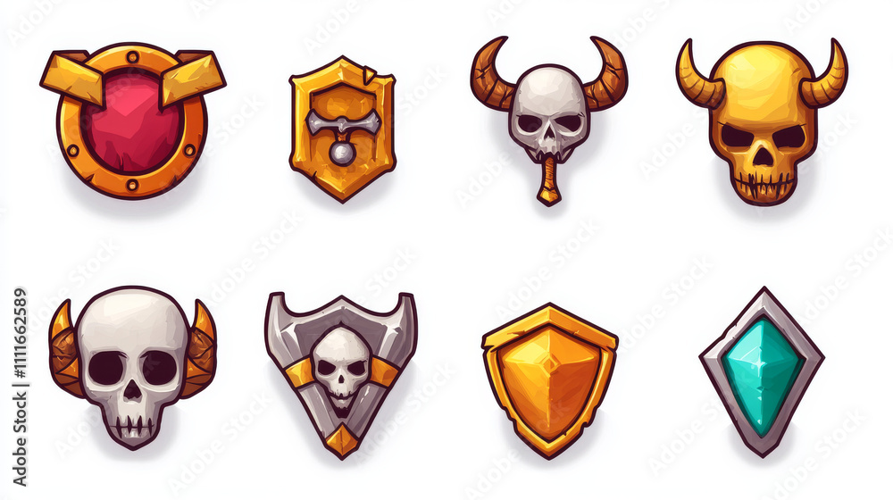 Win ui game icon, victory cartoon button design. Gold banner badge with ...