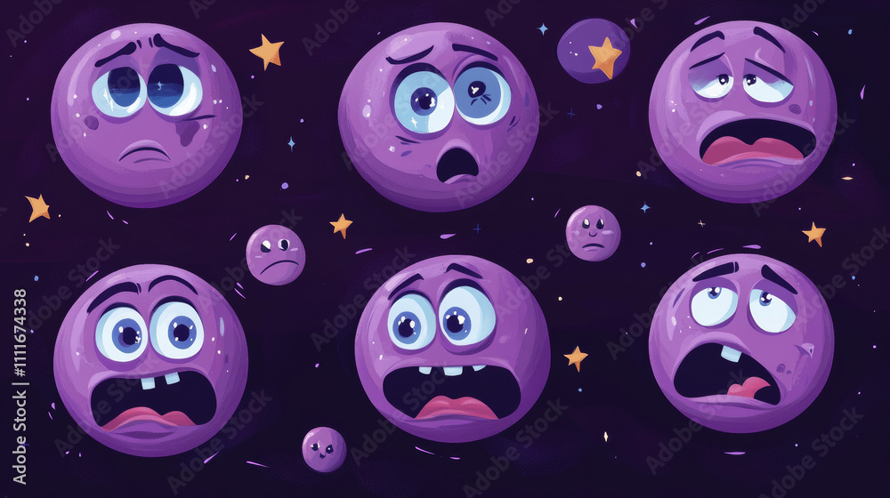 Sprite set of fantasy planet with different emotions on starry sky ...