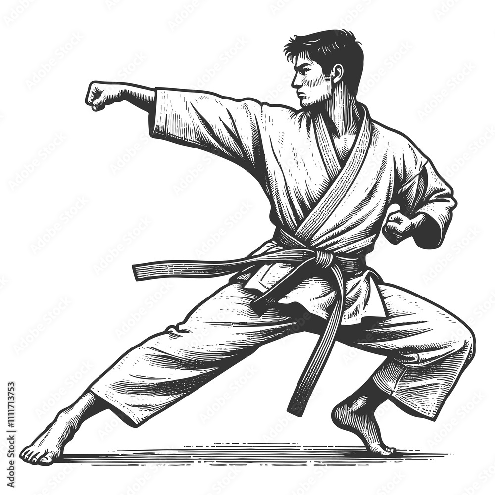 martial artist in a strong karate stance wearing a traditional uniform ...
