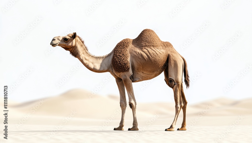 Camel standing in a desert environment, isolated against a white ...