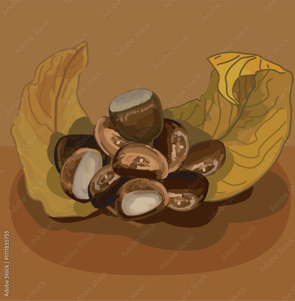 roasted chestnut decorated by dry fall leaves delicous food realistic ...