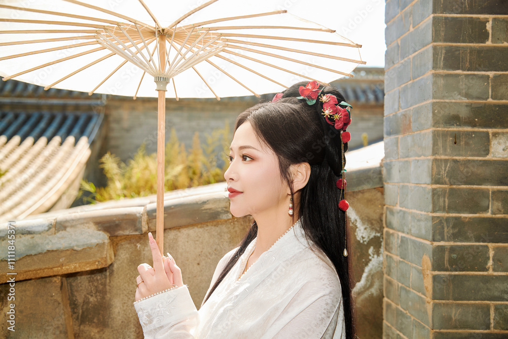Oriental Beauty Wearing Hanfu Horse Faced Skirt And Holding Oil Paper